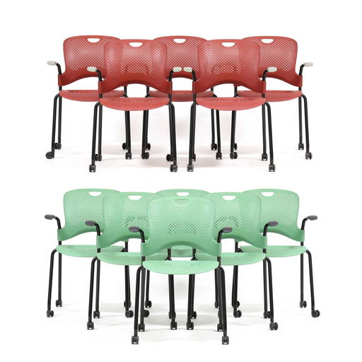 Jeff Weber & Bill Stumpf, Eleven Red / Green Caper Stacking Chairs