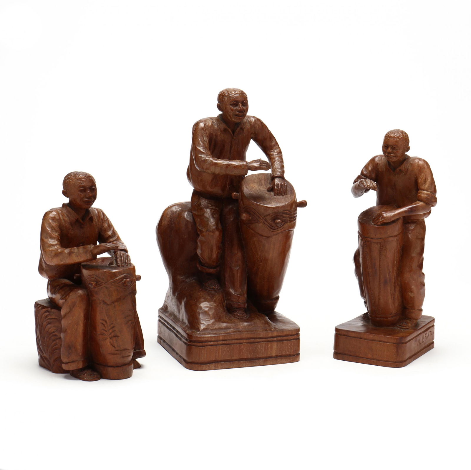 Andre Lafontant (haitian, 20th Century), Three Carvings Of Tanbou Drummers