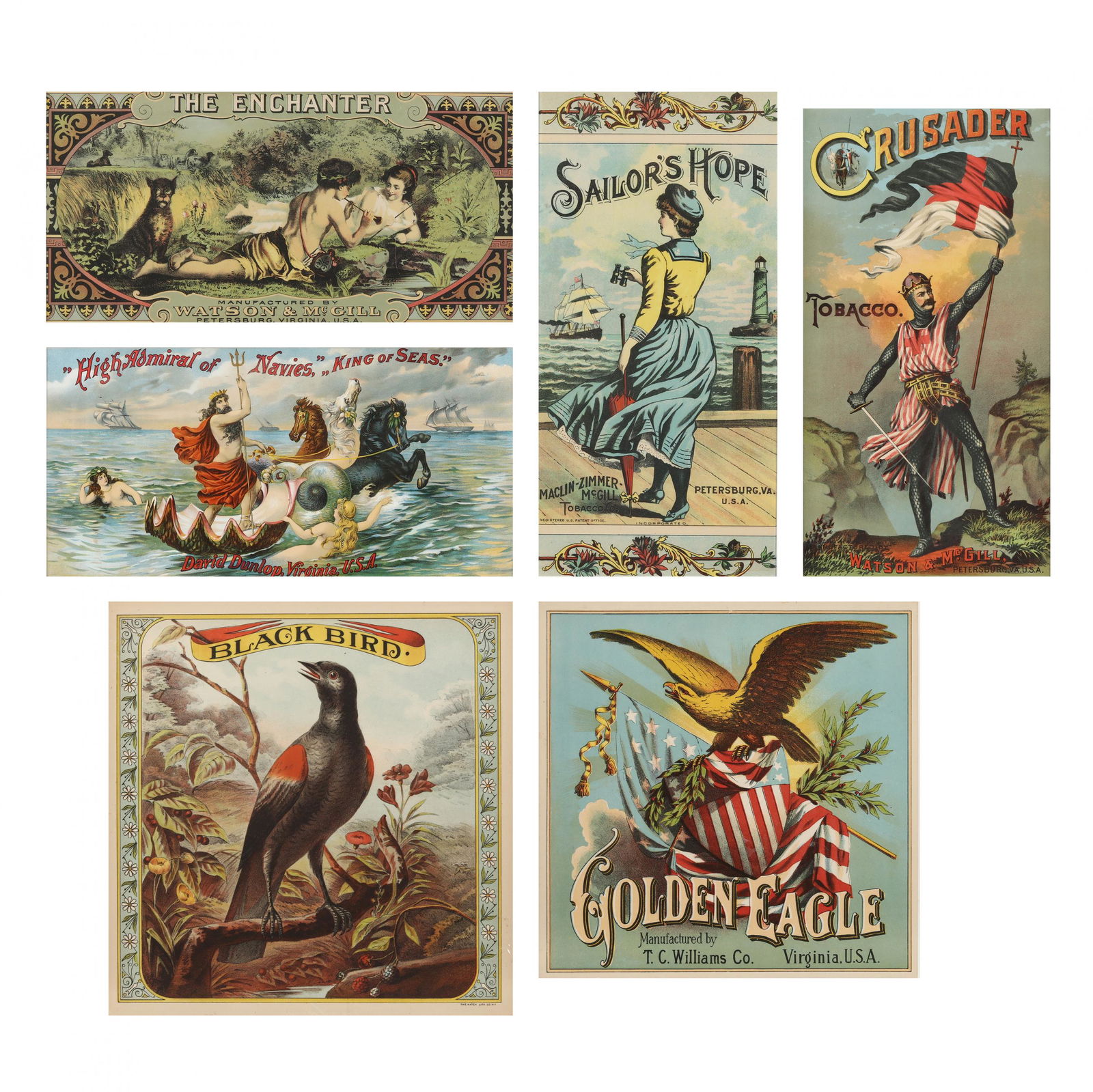 Six Antique Virginia Cigar Box And Caddy Crate Labels, Mostly Virginia