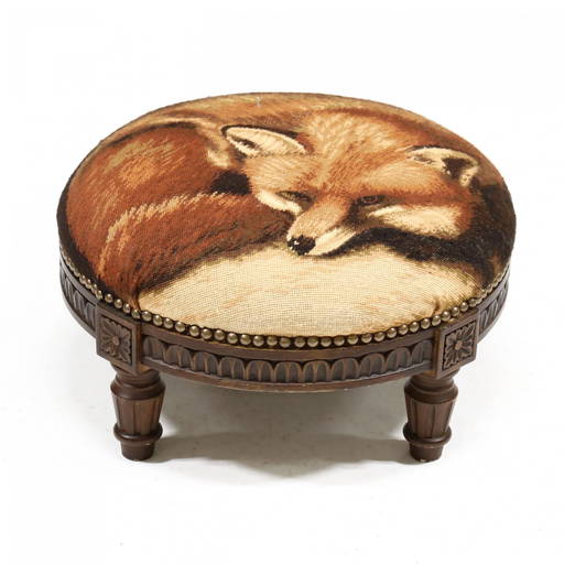 French Style Needlepoint Footstool Of A Resting Fox