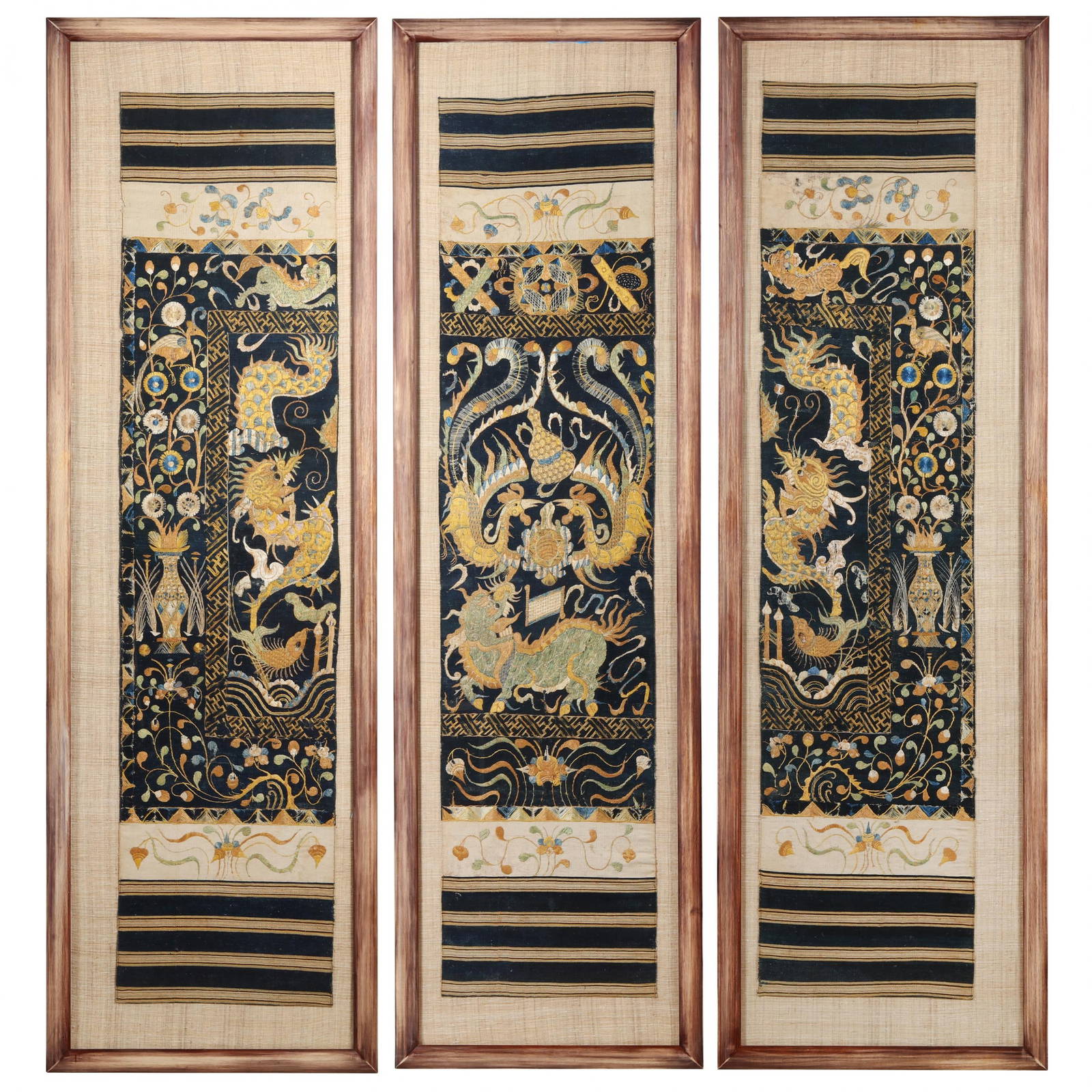 Chinese Li People Silk Embroidered Dragon Panels Auction