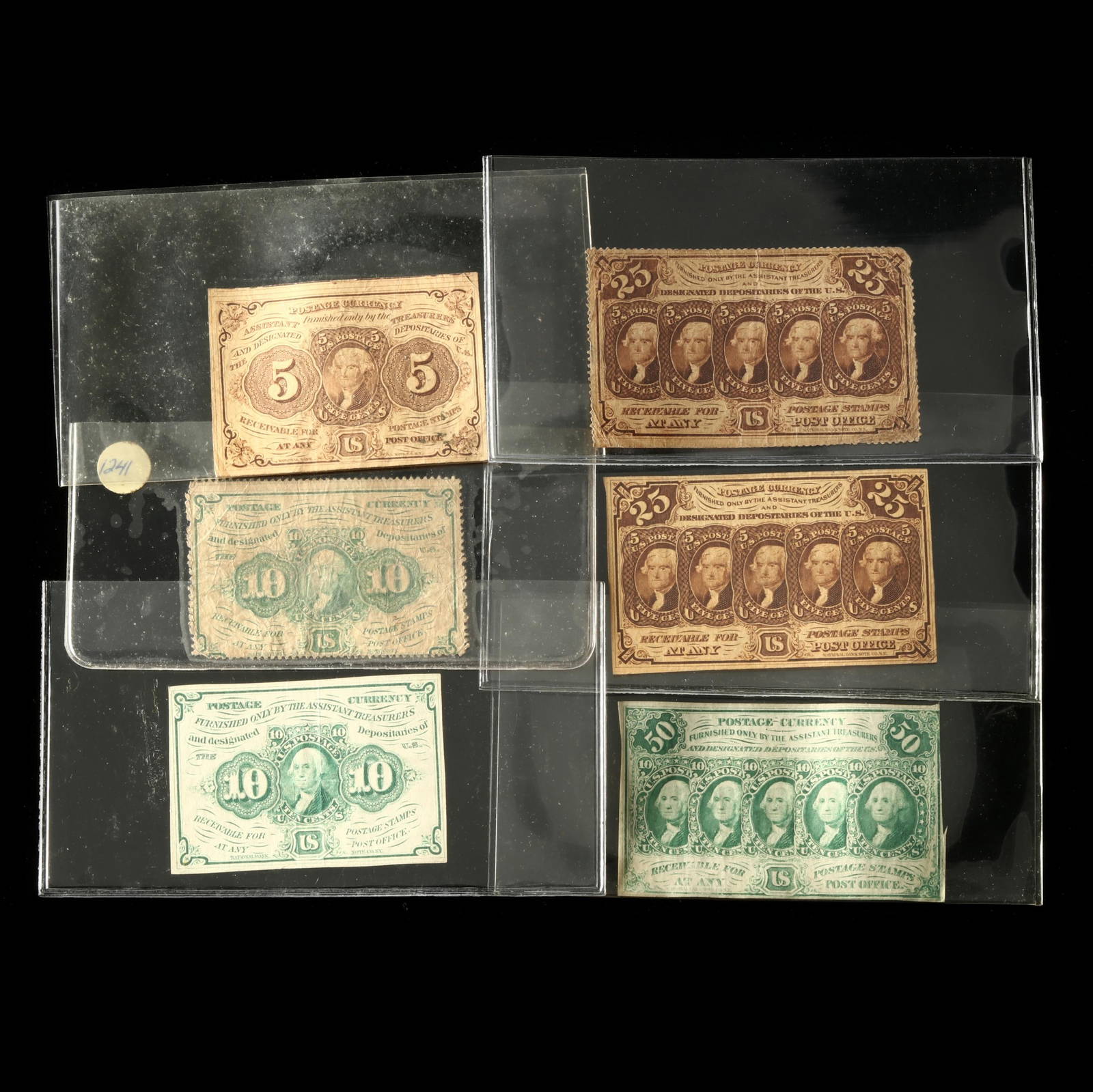 First Issue Postage Currency, Six (6) Notes, February 7, 1862 Auction