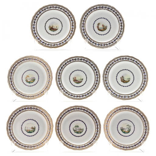 Four Early Royal Crown Derby Landscape Plates And Four In A Similar Pattern