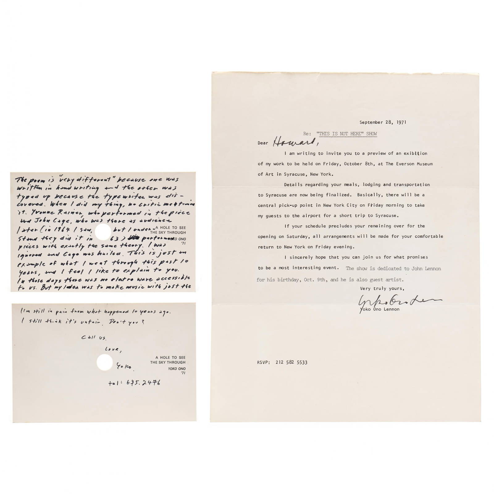 Yoko Ono, Letters And Invitation To Reporter Howard Smith Auction