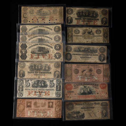 Thirteen (13) 19th Century South Carolina Uniface Banknotes