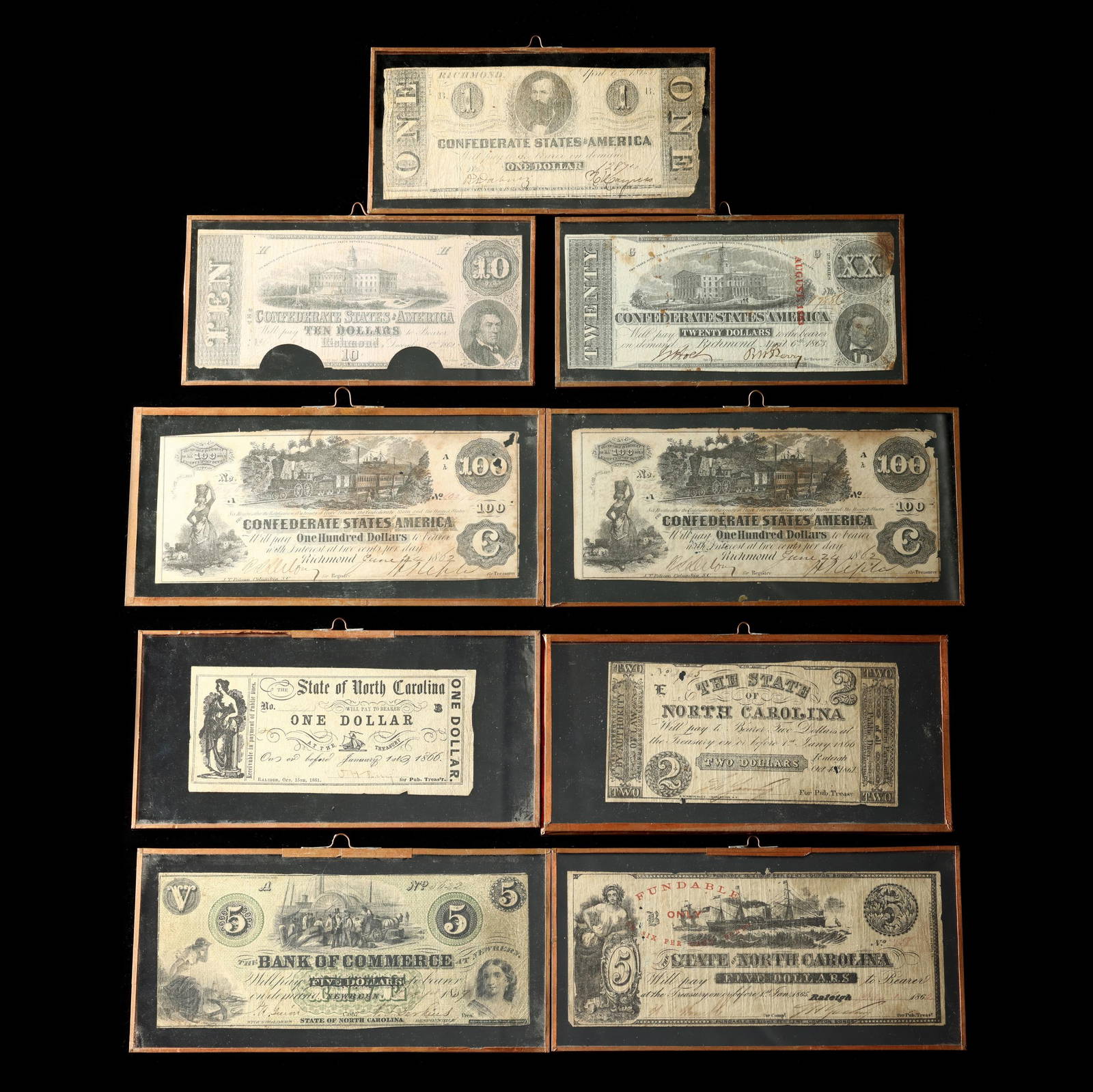 Five (5) Confederate Treasury Notes And Four (4) North Carolina Bank ...