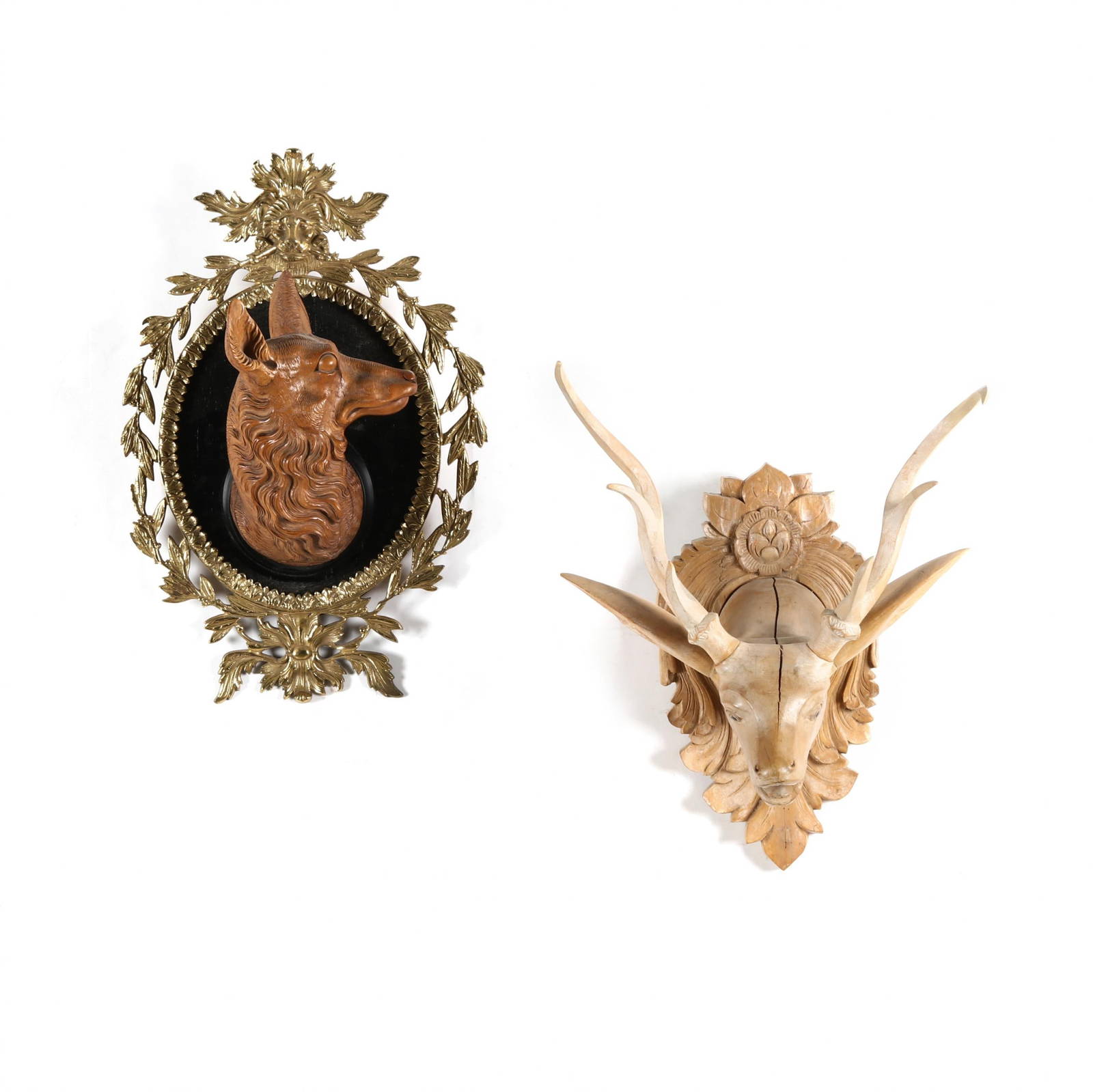 Two Carved Wood Animal Head Mounts Auction