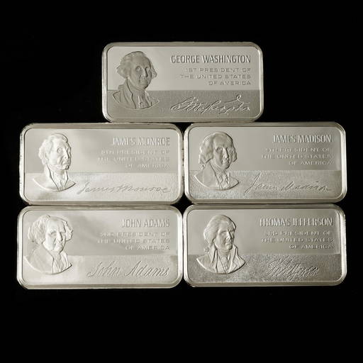 Five 1974 Franklin Mint Sterling Silver Bars, Each 5000 Grains