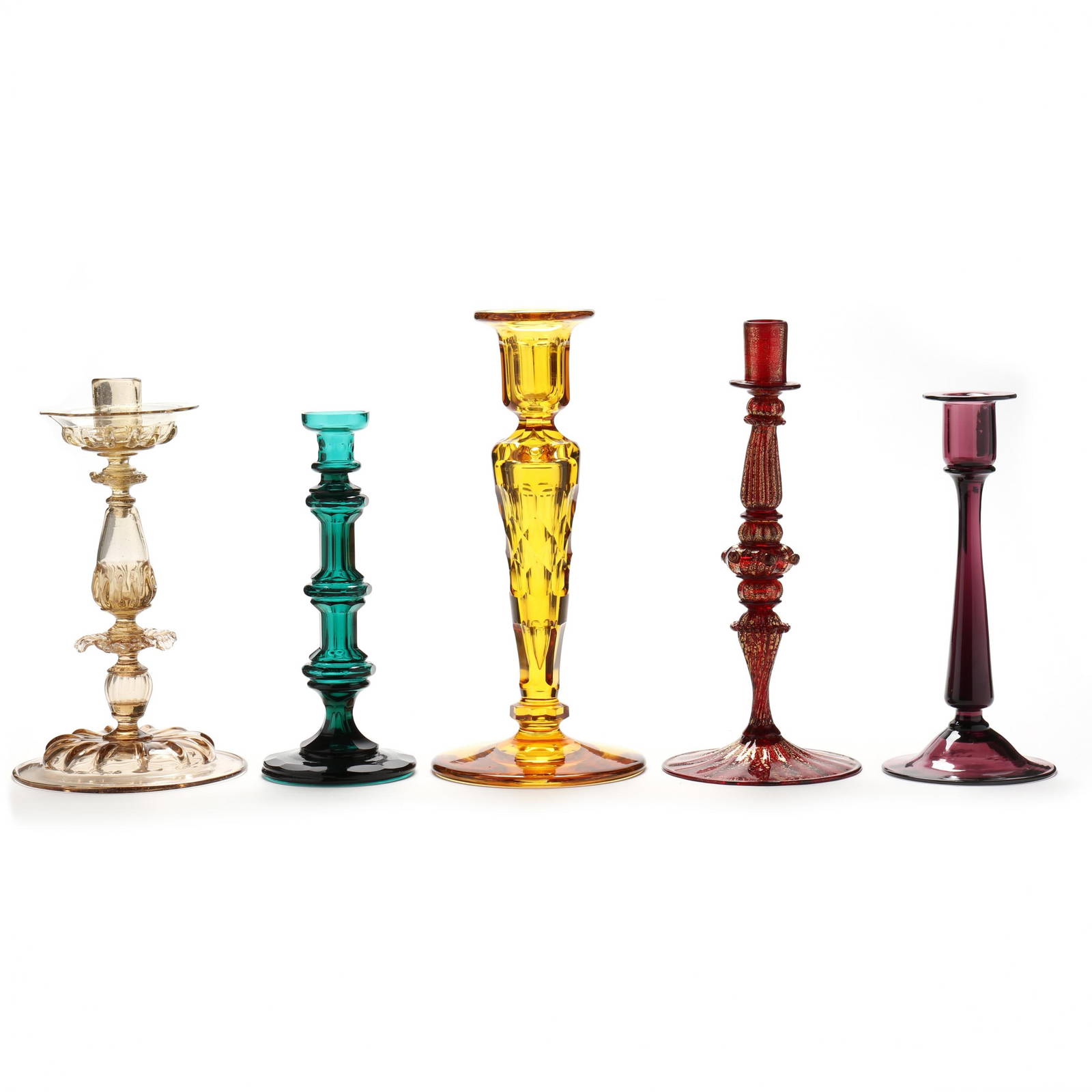 Five Assorted Fine Colored Glass Candlesticks Auction