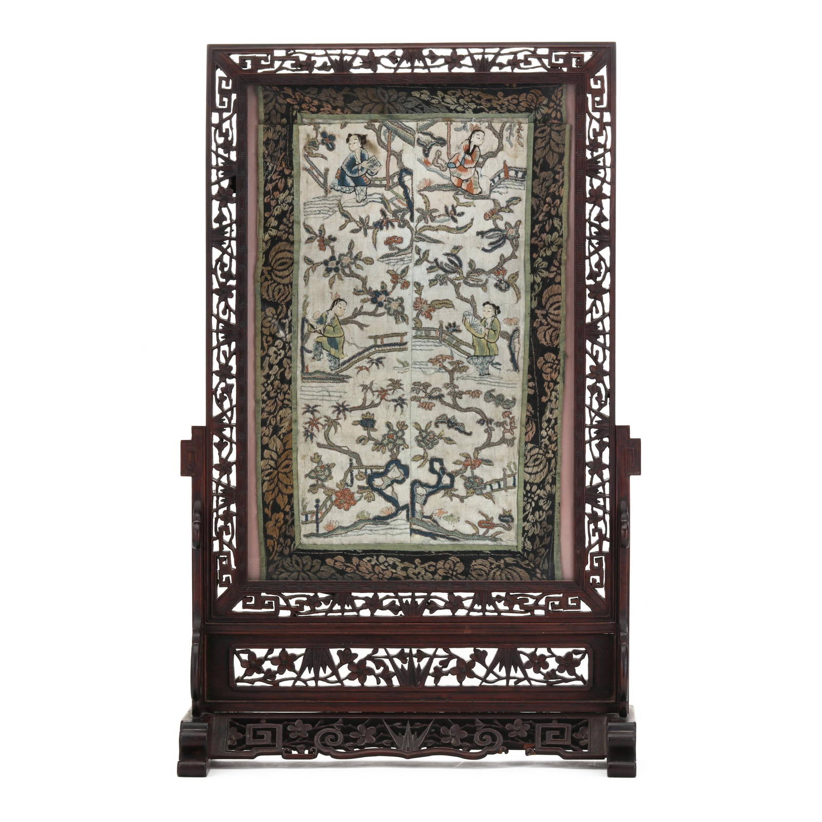 A Chinese Carved Wooden Table Screen With Embroidery Auction