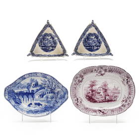 Antique 19th C Ironstone Blue Feather Edge Platter