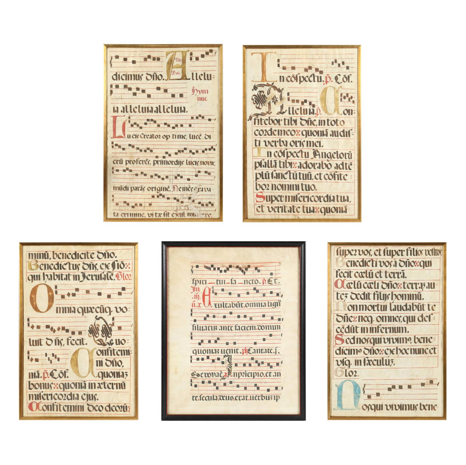 Five Framed Examples Of Continental Antiphonal Sheet Music On Vellum ...
