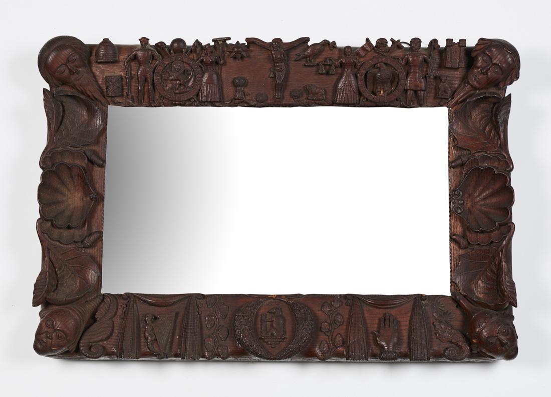 Rare Carved 19C English Charter Oak Figural Mirror