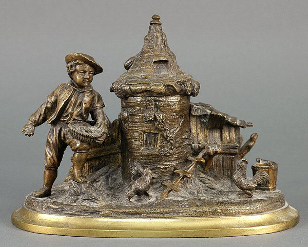 24: French 19C Bronze Figural Inkwell Young Boy and Hen