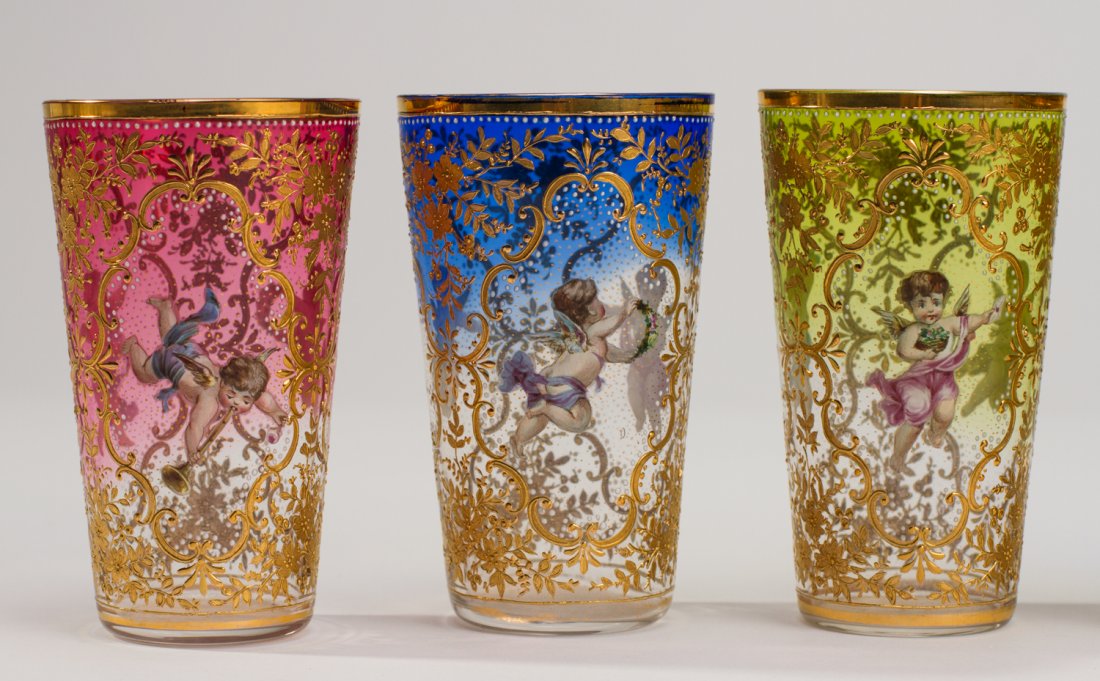 Set of 6 Enamel 19C Enamel Moser Glass Cherub Beakers
