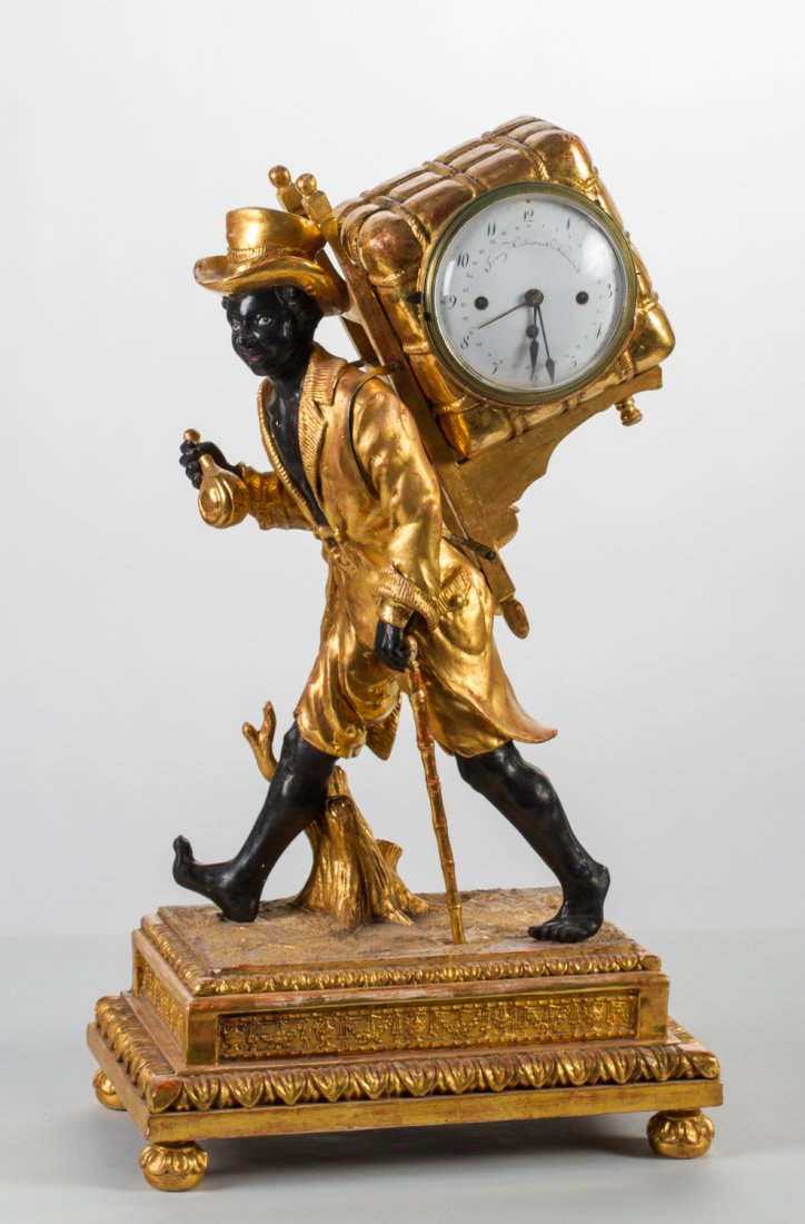 German 19C Gilt Black Porter Blackamoor 27" Clock