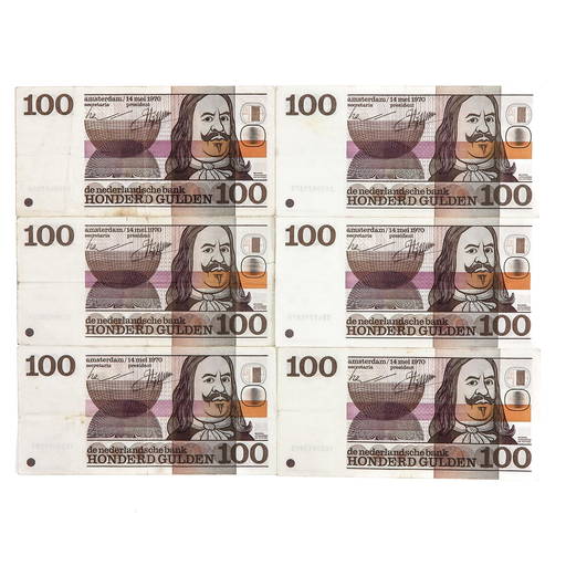 A Collection of 6 100 Guilder Bank Notes (#1014) on Aug 30, 2022 ...