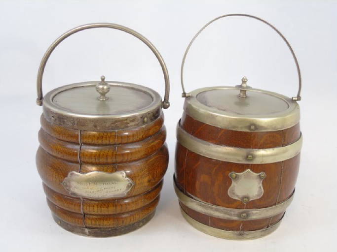 Antique English Wood Silver Plate Biscuit Barrels