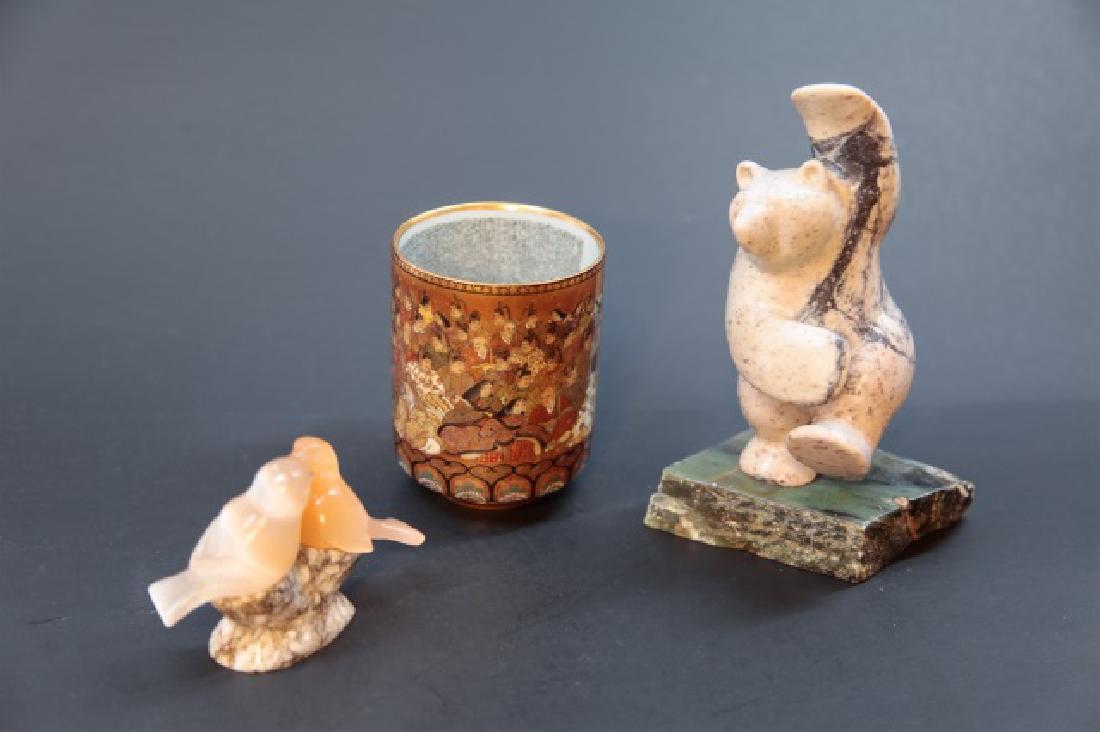 Japanese Gold Satsuma Cup & 2 Inuit Stone Carvings