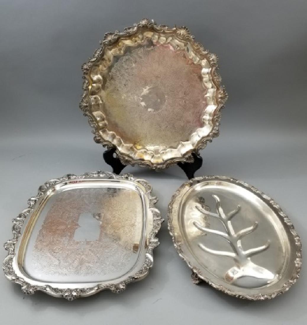 3 Round & Oval Silver Plate Serving Trays Platters