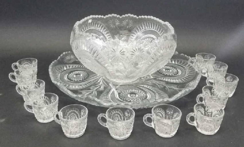 Large Cut Glass Punch Bowl Set, 12 Cups & Tray