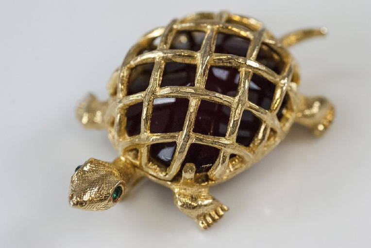Vintage Jeanne Gilt Metal & Crystal Turtle Brooch