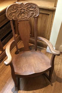 Antique American Carved Oak Figural Rocking Chair