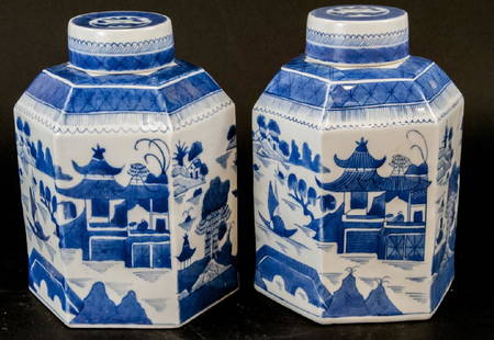 Pair Chinese Canton Porcelain Tea Caddies