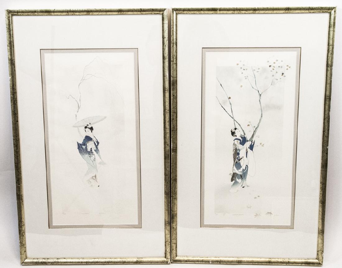 Pair Japanese Geisha Lithographs Signed Joy Dunn