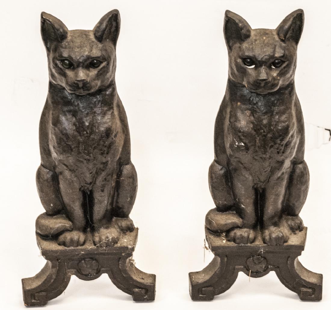Pair of Antique Cast Iron Cat Form Andirons