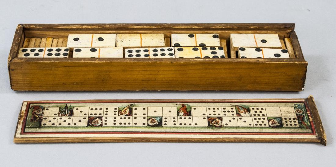 Antique 19th C Set of Hand Painted Dominoes in Box