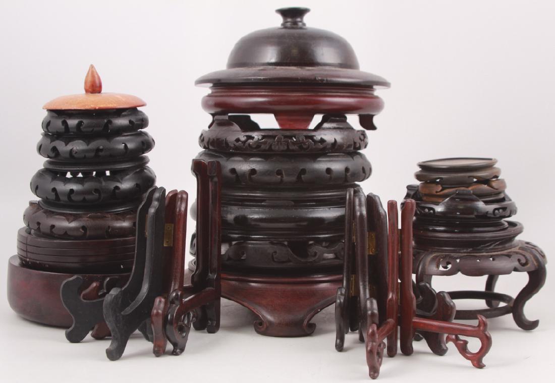 Lot of Chinese Carved Wooden Display Stands & Lids