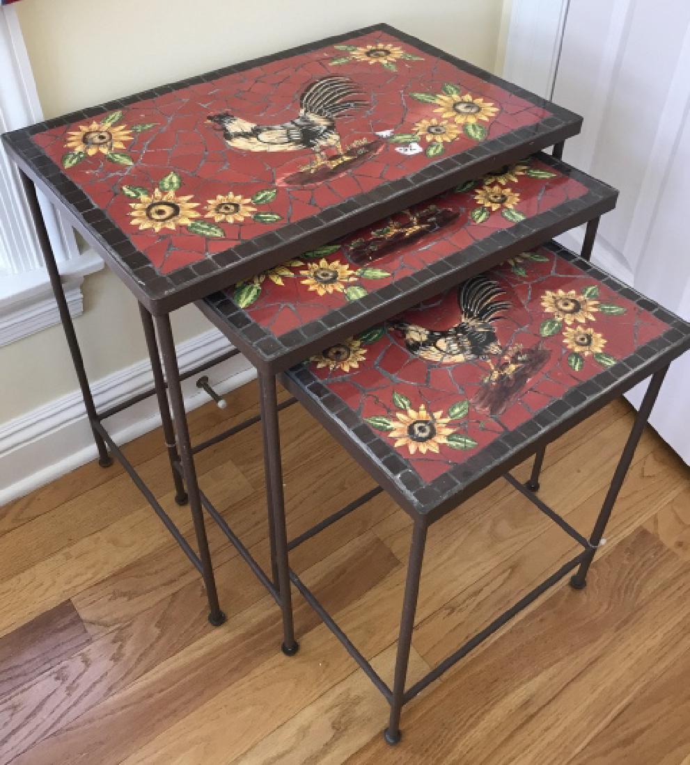 Set of Three Nesting Tables w Rooster Mosaics