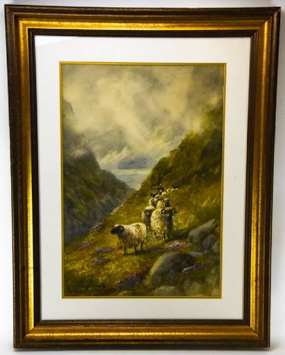 Hugo Anton Fisher Framed Watercolor Herding Rams