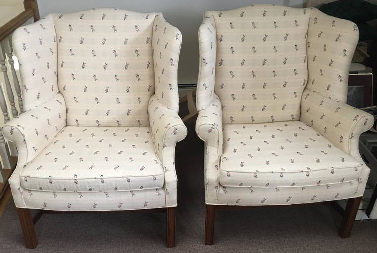 Pair Upholstered Wing Back Arm Chairs