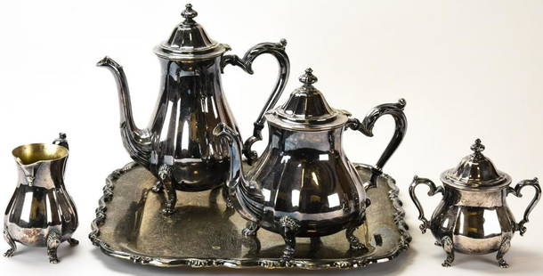 Vintage Oneida Silver Plate Tea + Coffee Set, Tray