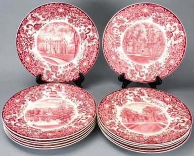 Eight Red Transferware Plates