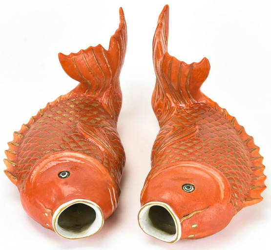 Pair Chinese Porcelain Koi Fish Wall Vases