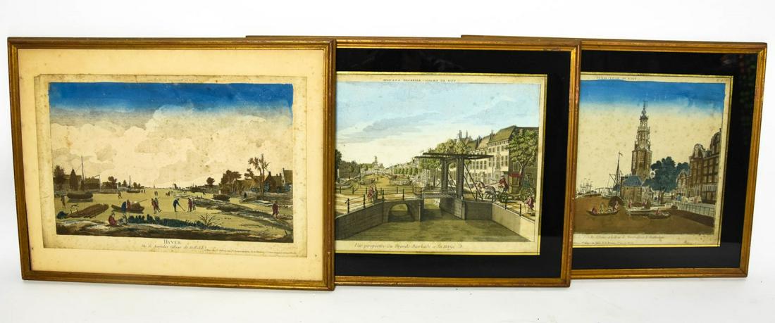 3 Antique Hand Colored Engravings Of Amsterdam