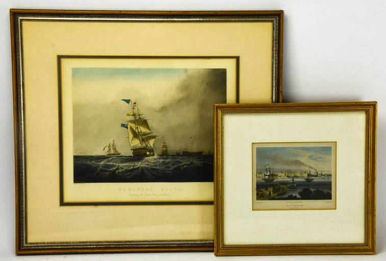 Pair Antique Schooner Lithographs