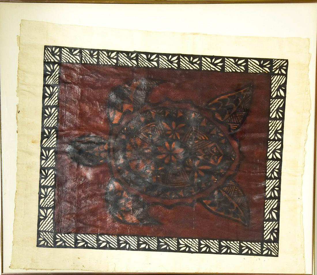 Tonga South Pacific Framed Tapa Cloth Of Turtle