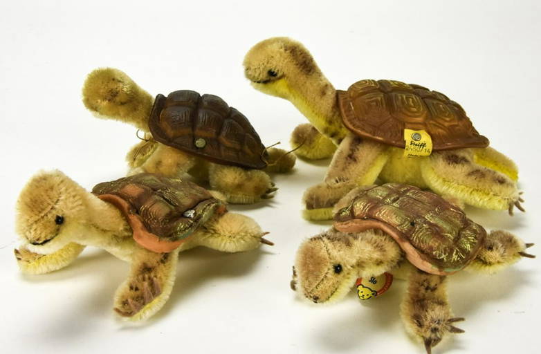 4 Steiff Mohair & Rubber Stuffed Animal Turtles