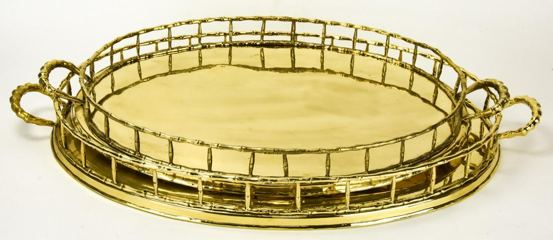 2 Gilt Brass Hollywood Regency Faux Bamboo Trays