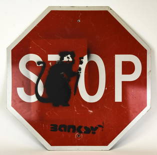 Banksy Spray Paint Graffiti Rat Stop Sign