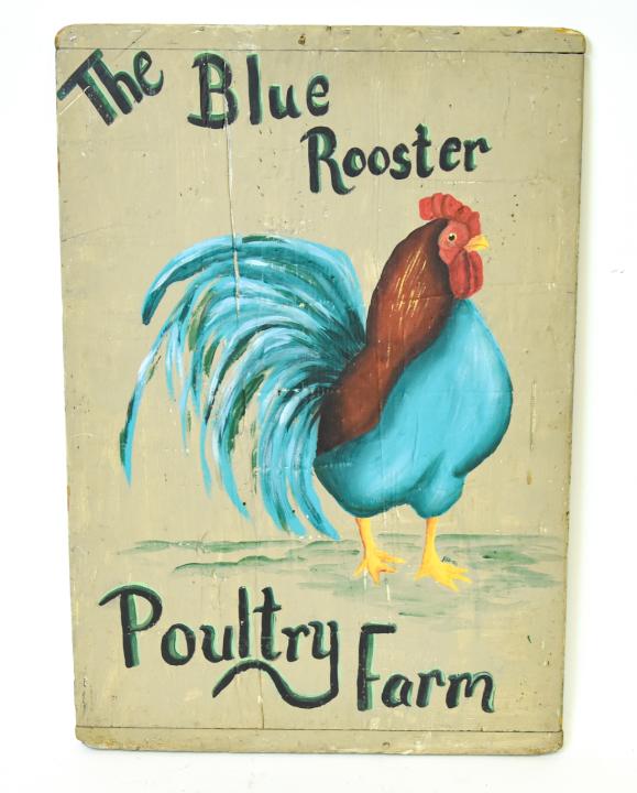 Vintage Blue Rooster Farm Hand Painted Wood Sign