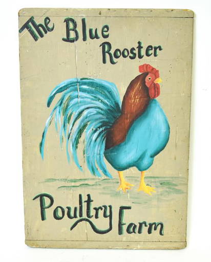 Vintage Blue Rooster Farm Hand Painted Wood Sign