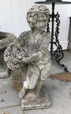 Antique Cast Stone Garden Statue Boy W Basket