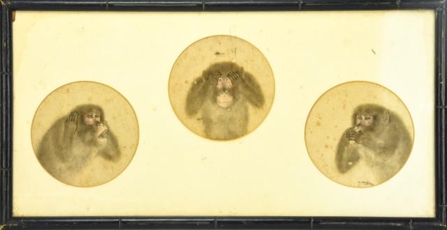 Signed Japanese Silk Painting Of 3 Wise Monkeys