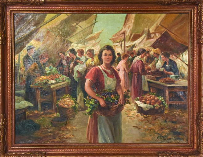 Signed Carlo Raimondi Market Scene Oil Painting