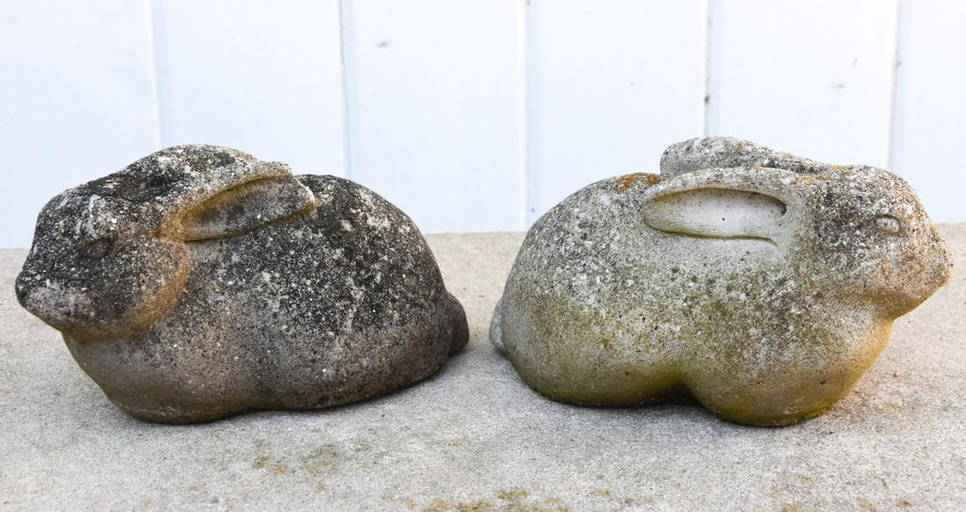 Pair Of Cast Stone Rabbit Garden Statues
